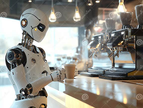 Advanced Robots Preparing Coffee in High Tech Cafe Environment Stock ...