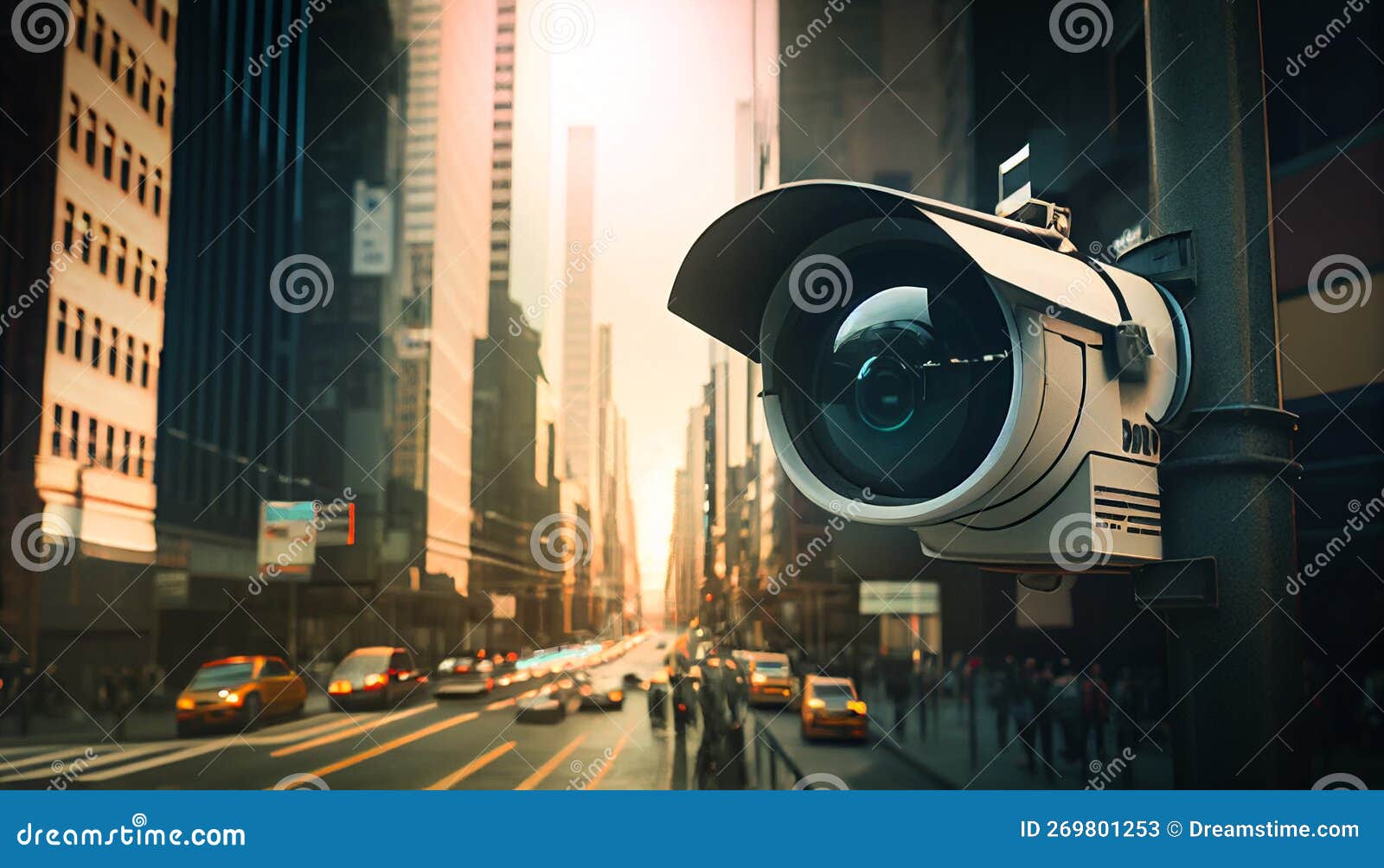 Advanced Security Camera Monitors the Activity on a City Street ...