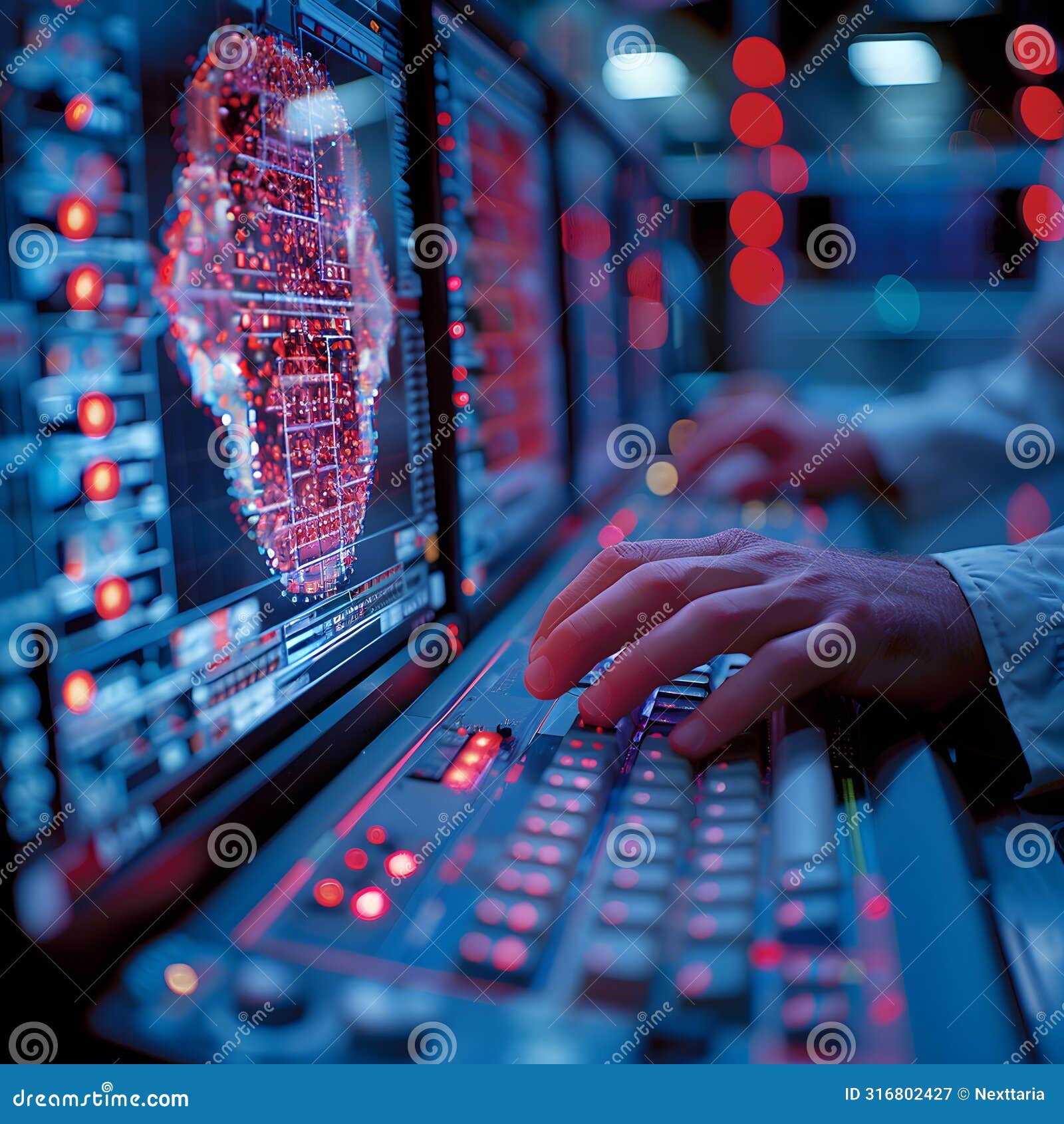 Advanced Security in High-Tech Computer Lab - Hand Typing Command Amid ...