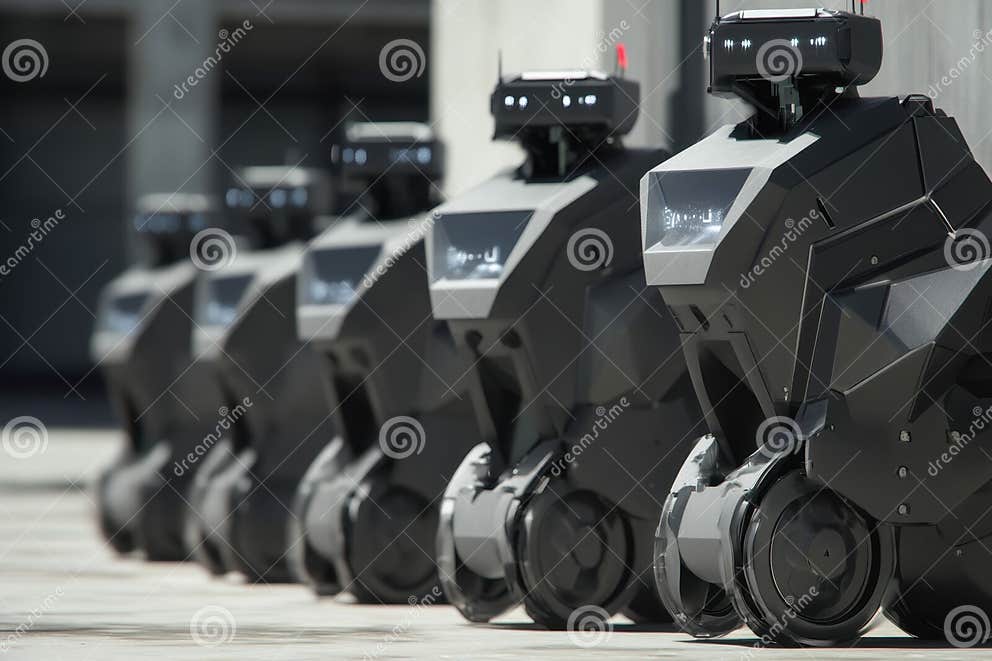 Advanced Security Robots Lined Up in Urban Environment Ready for ...
