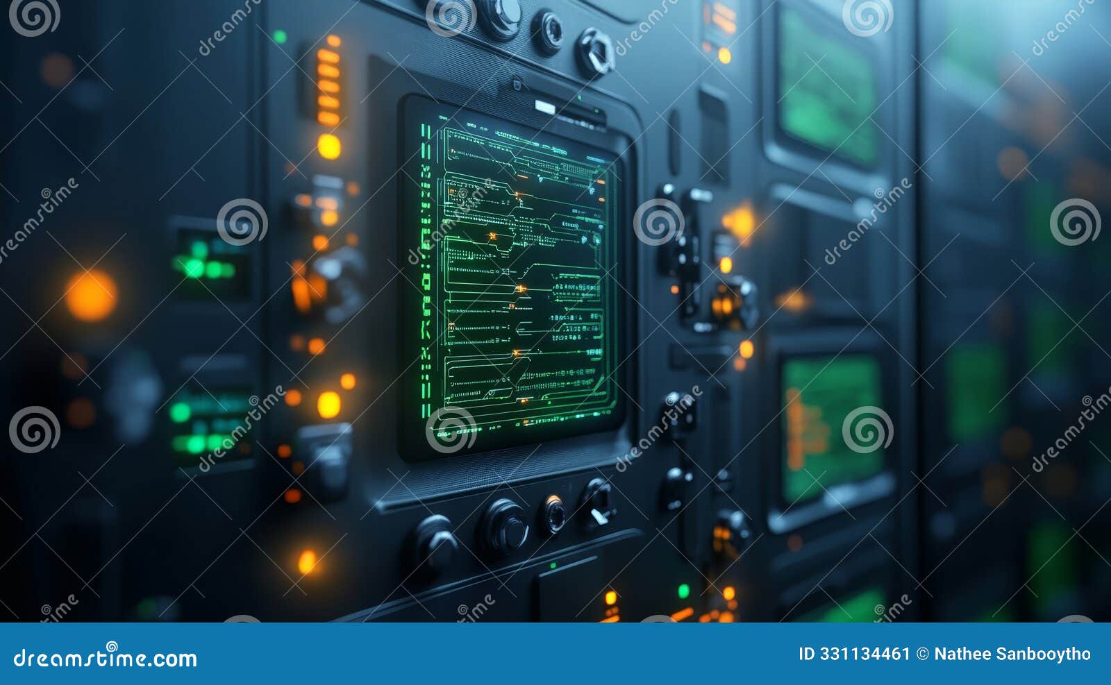 Advanced Server Room with Green Digital Interface Stock Illustration ...