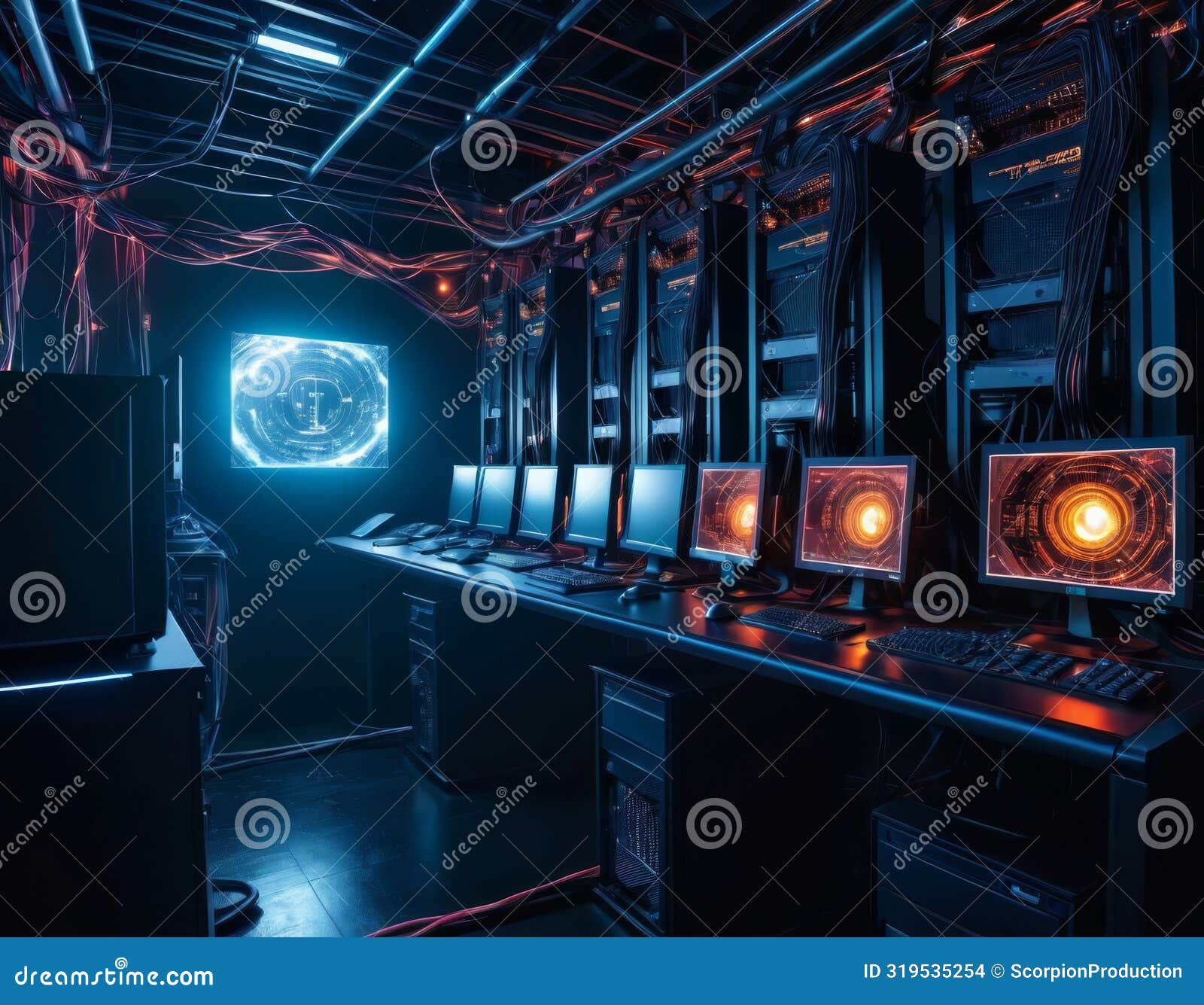 Advanced Server Room with Neon Blue Lights Stock Photo - Image of tech ...