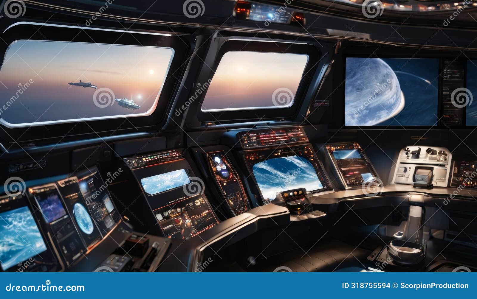 Advanced Spacecraft Cockpit with Earth View Stock Photo - Image of ...