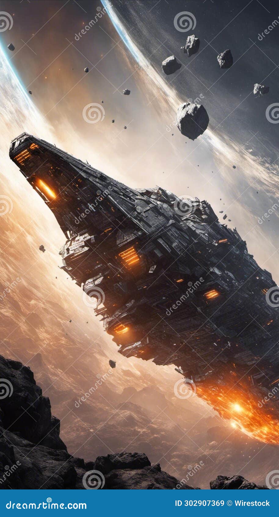 Advanced Spaceship Soaring through the Night Sky, Passing by Other ...