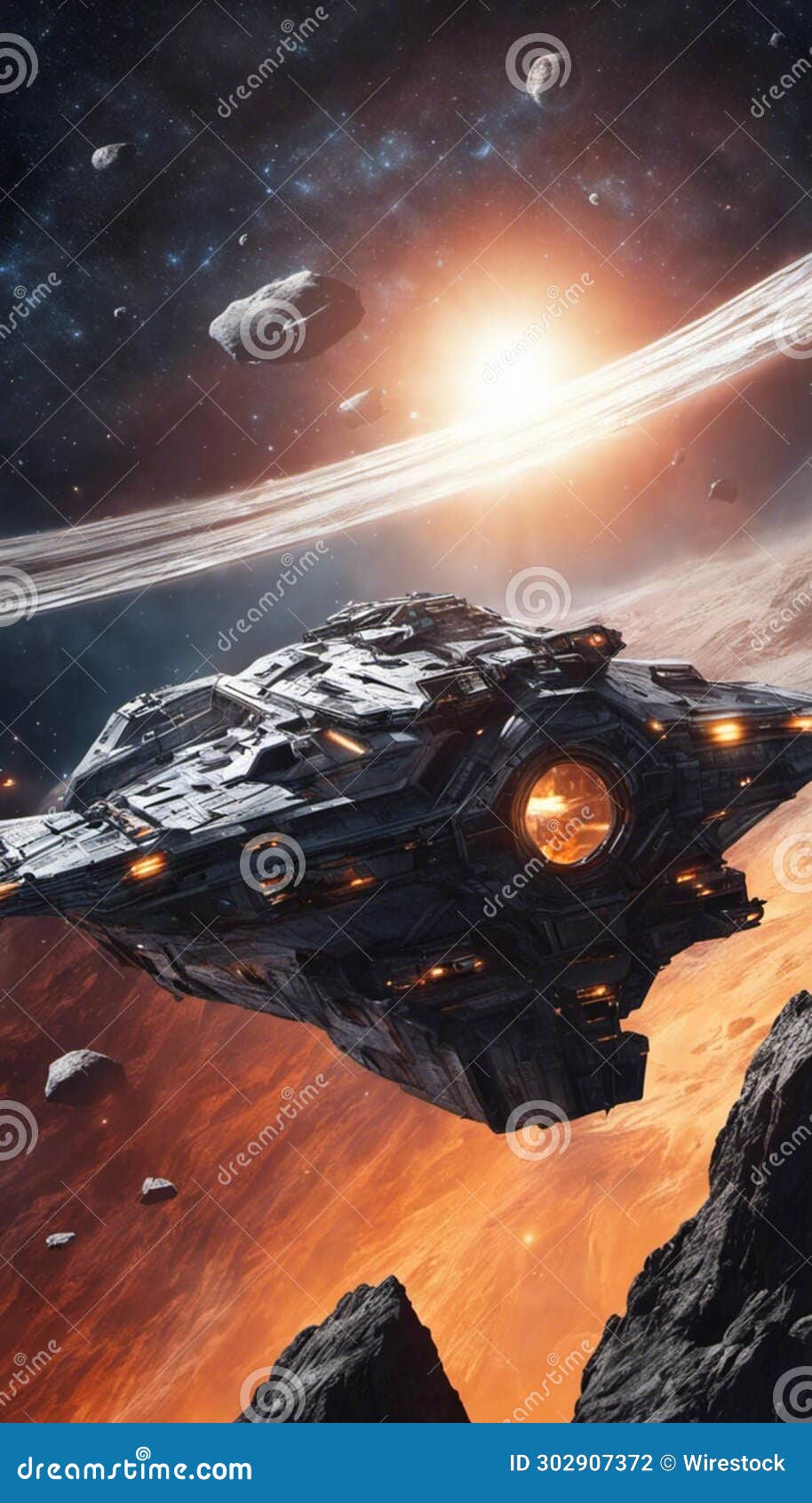 Advanced Spaceship Soaring through the Night Sky, Passing by Other ...