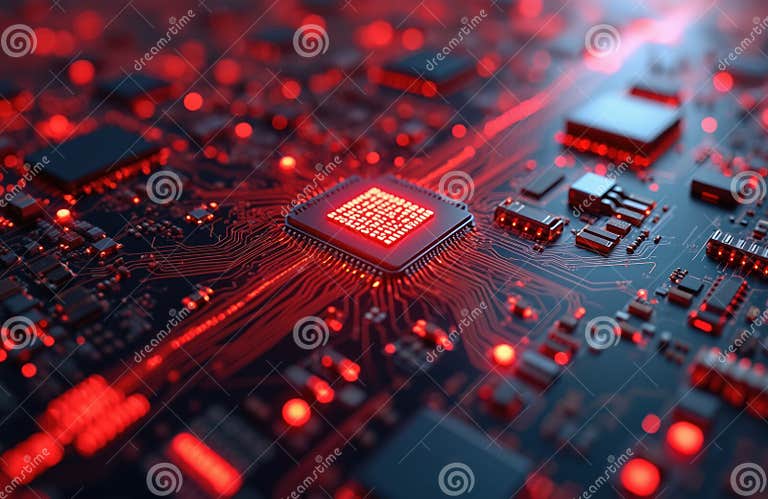 Advanced Tech Circuit Board Glows with Red Light. Intricate Network of ...
