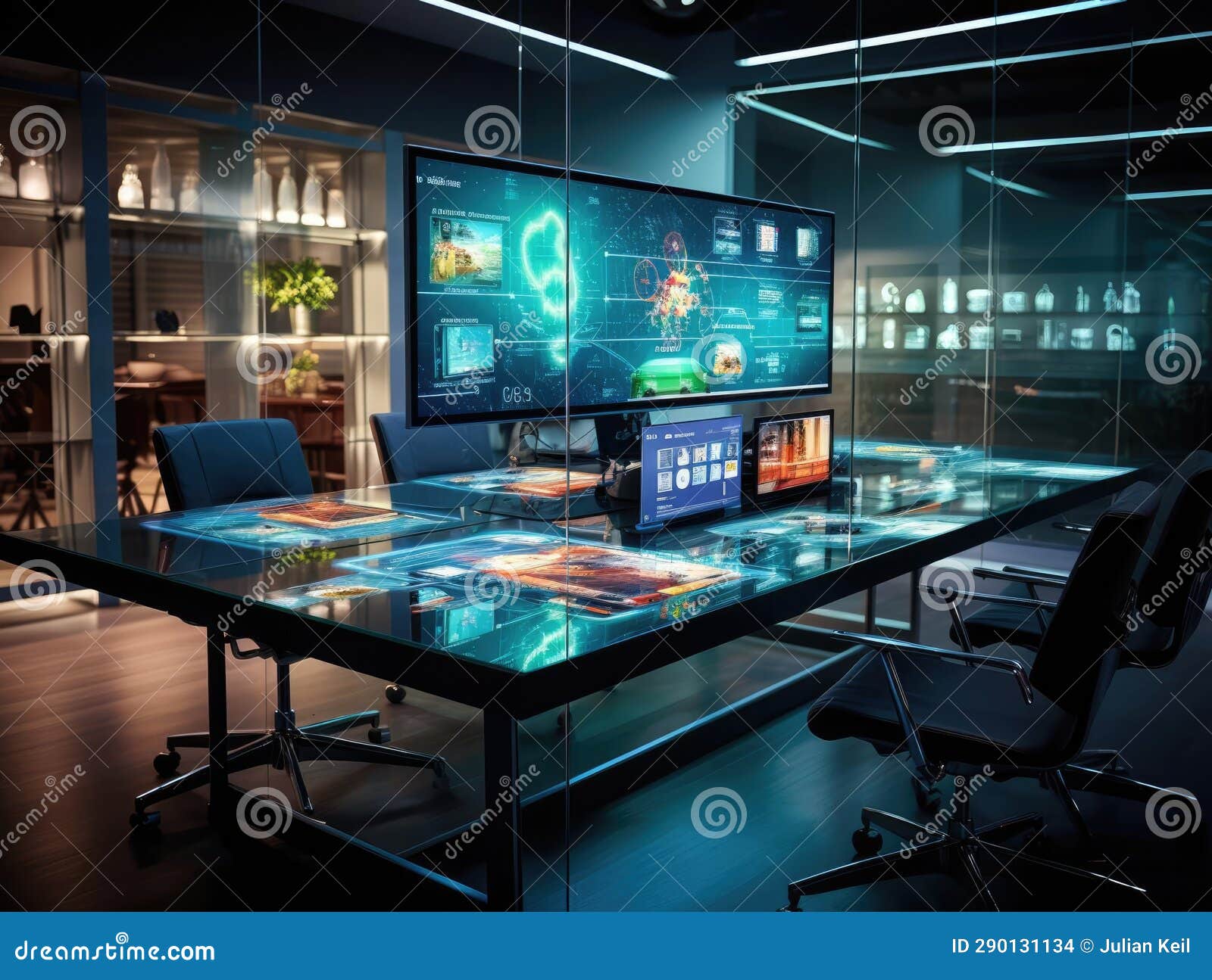 Advanced Tech Office with Holographic Screens Stock Illustration ...
