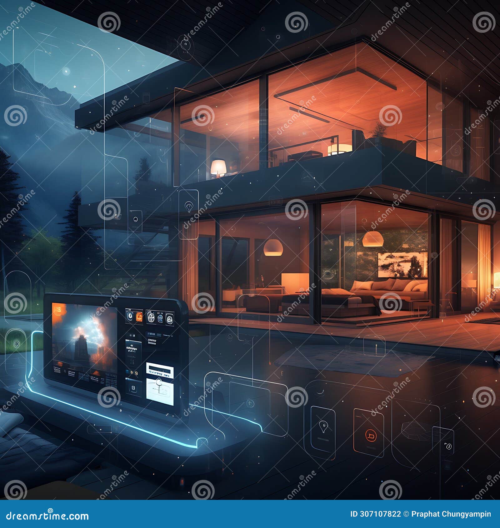 Advanced Technology Ecosystem in a Modern Smart Home Stock Illustration ...