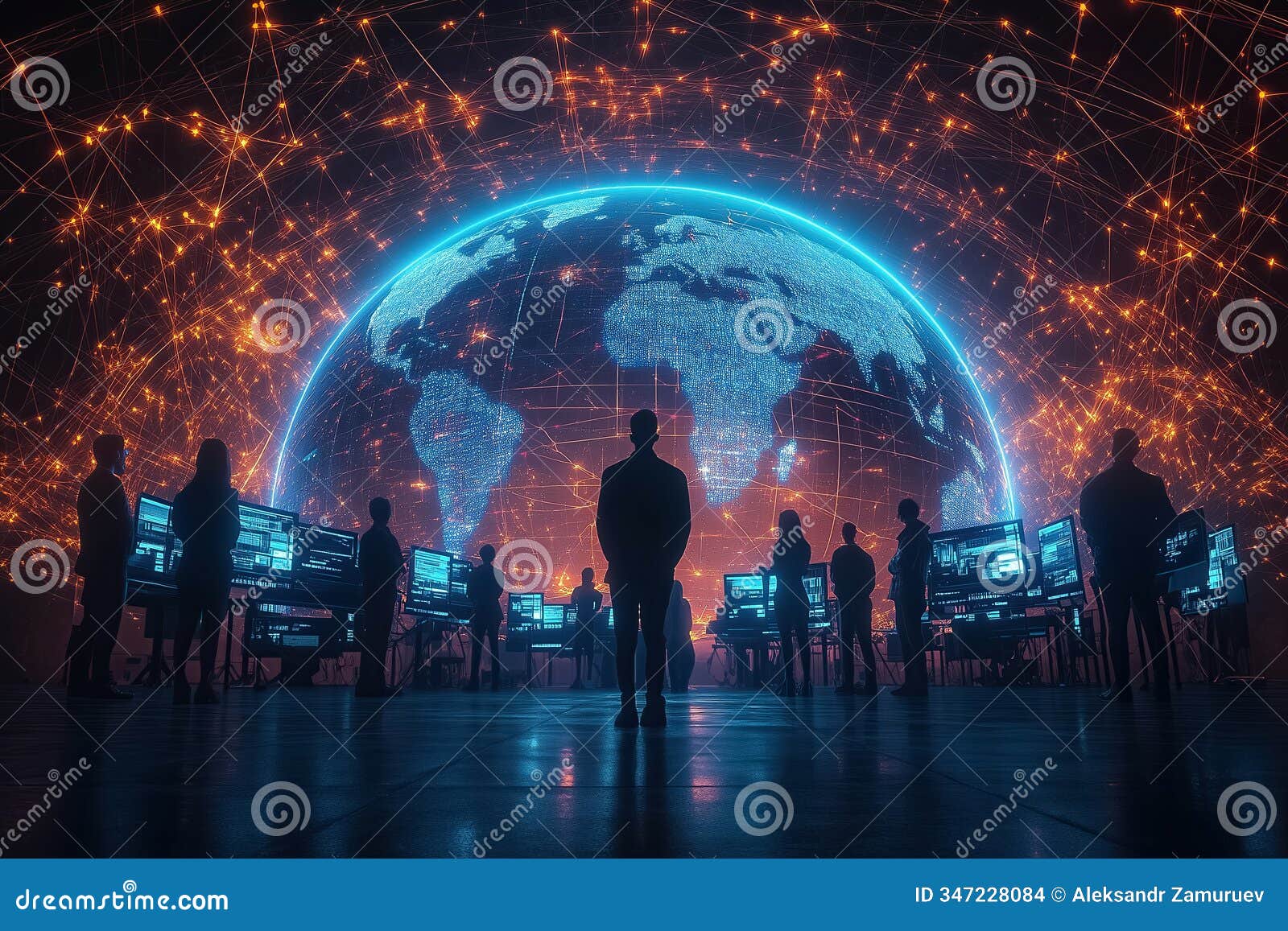 Advanced Technology Surrounds a Digital Grid Globe As Silhouettes ...