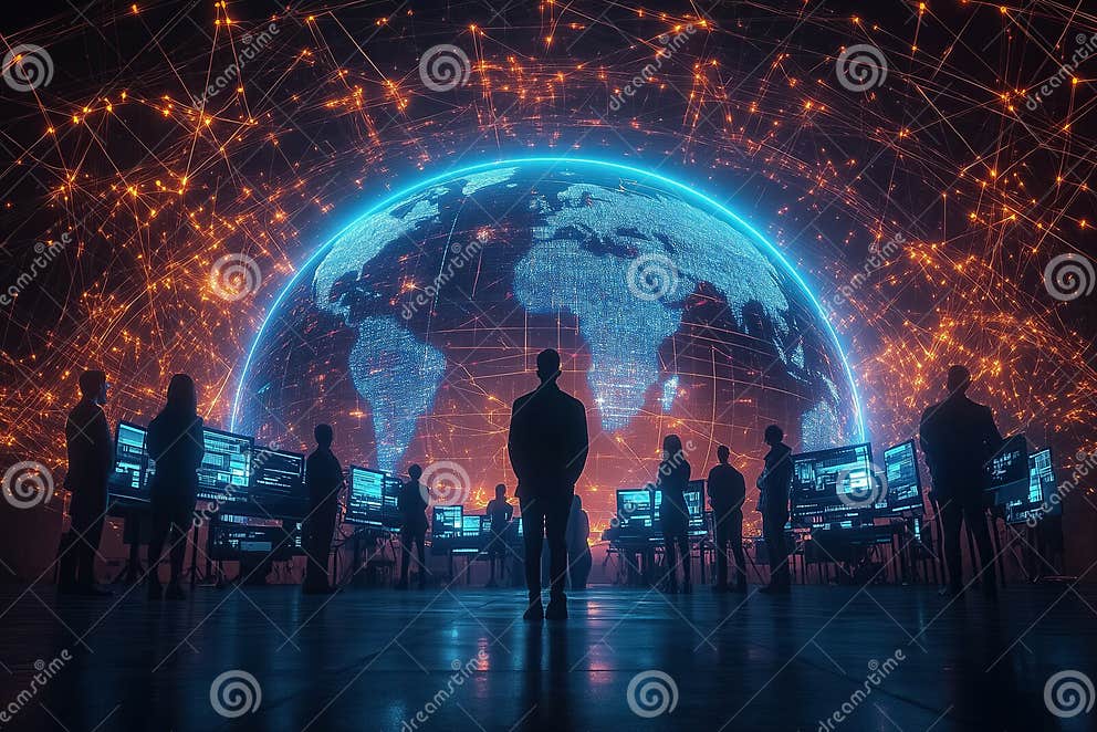Advanced Technology Surrounds a Digital Grid Globe As Silhouettes ...