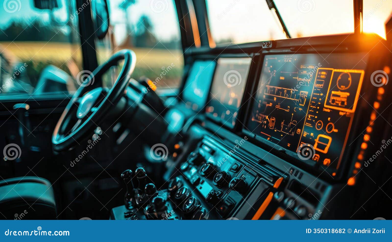 Advanced Tractor Control Panel with Touchscreen Displays Overlooking ...