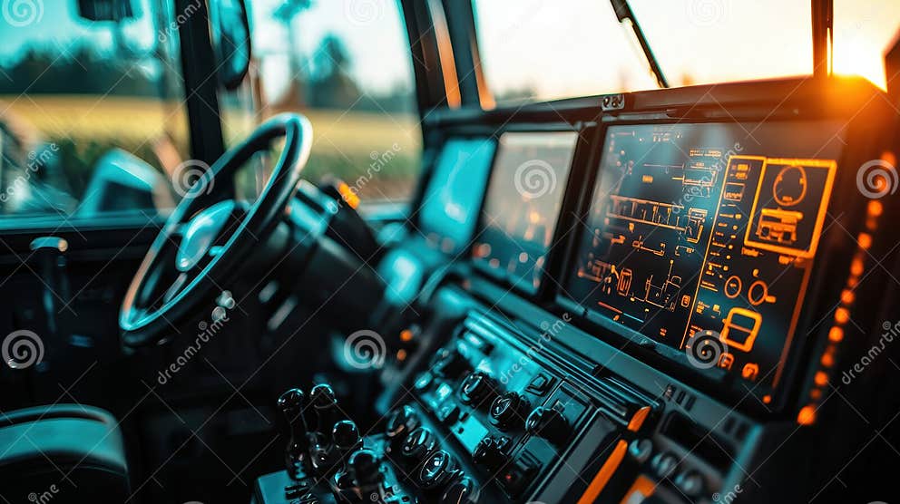 Advanced Tractor Control Panel with Touchscreen Displays Overlooking ...