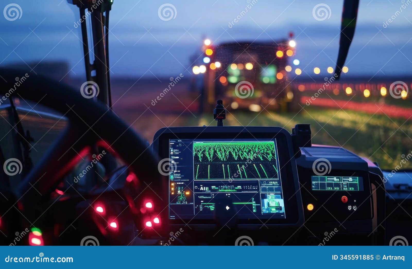 Modern Farming Tractor with Digital Control Panel at Night Stock ...