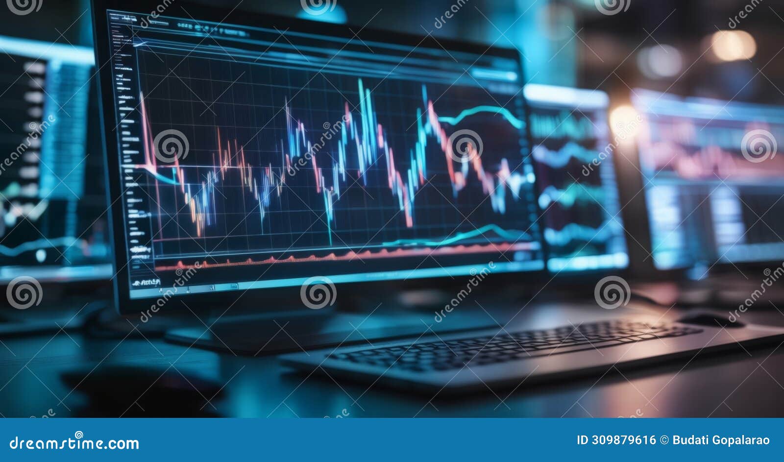 Advanced Trading Station with Multiple Monitors and a Sleek Keyboard ...