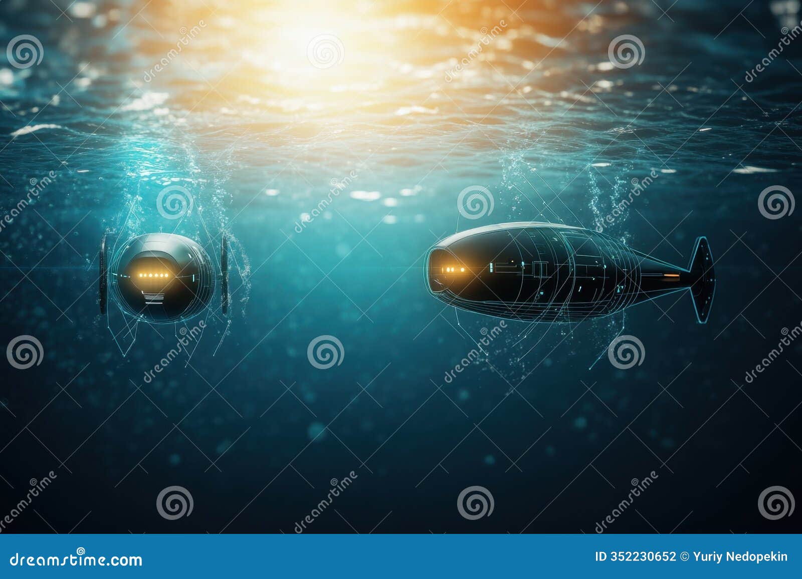 Advanced Underwater Drones Exploring Deep Ocean Environments at Sunset ...