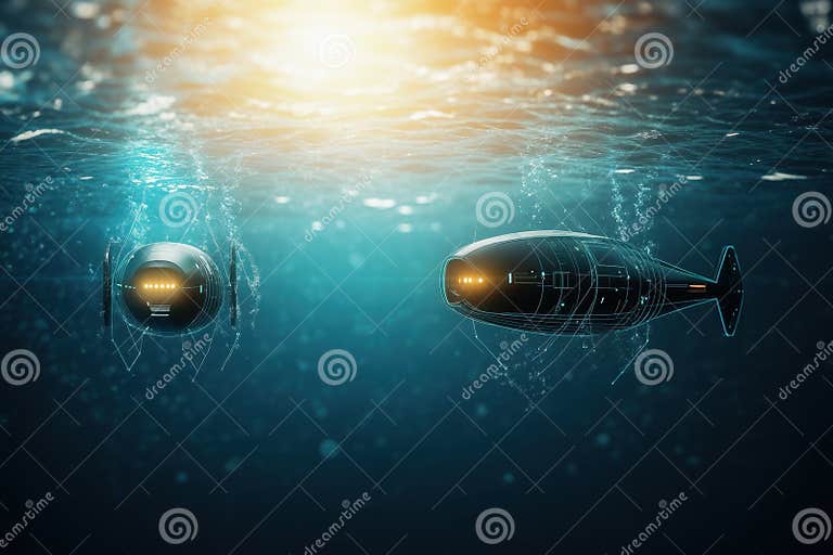 Advanced Underwater Drones Exploring Deep Ocean Environments at Sunset ...