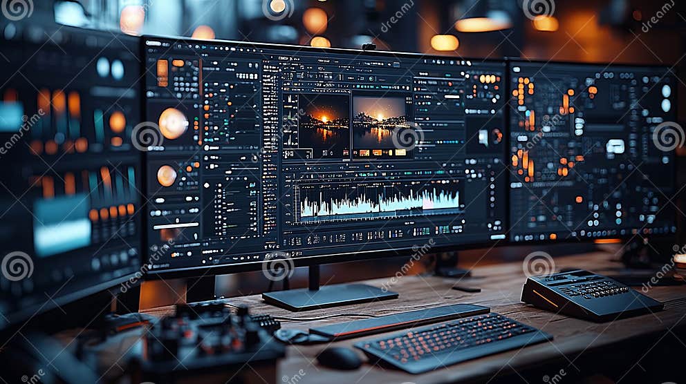 Advanced Video Editing Suite with Multiple Monitors Displaying Graphic ...