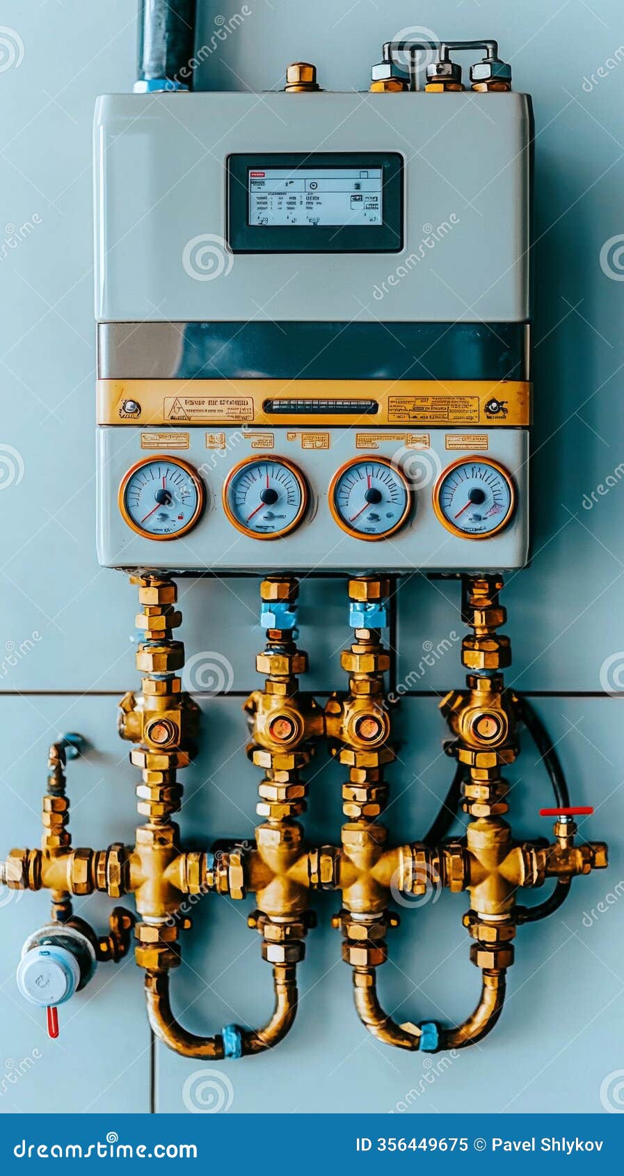 Water Control System Equipment Mounted on a Wall with Pressure Gauges ...