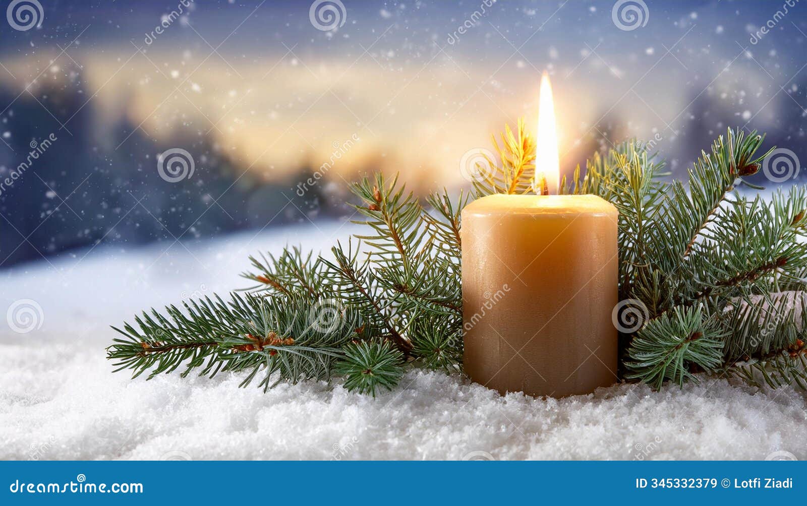 Advent Candle with Fir Branches Burning in Snowy Scene Stock ...