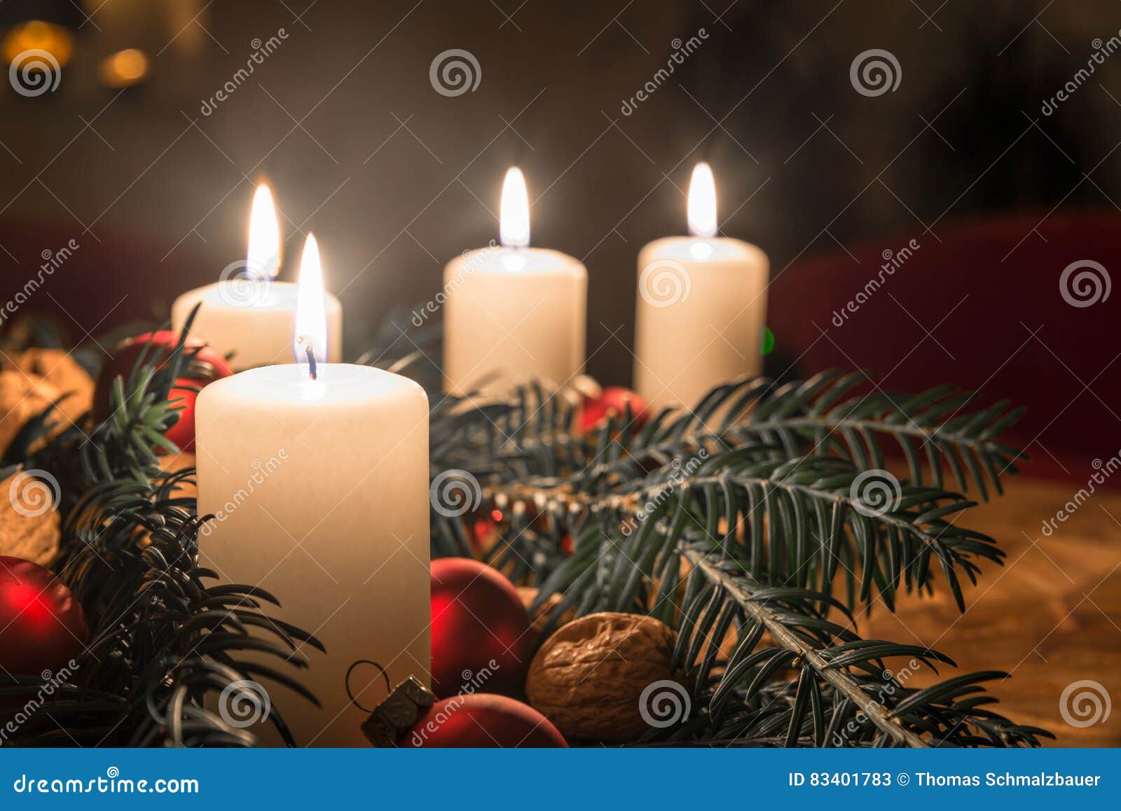 Advent Candles with Decorated Fir Tree on a Ancient Table Stock Image ...
