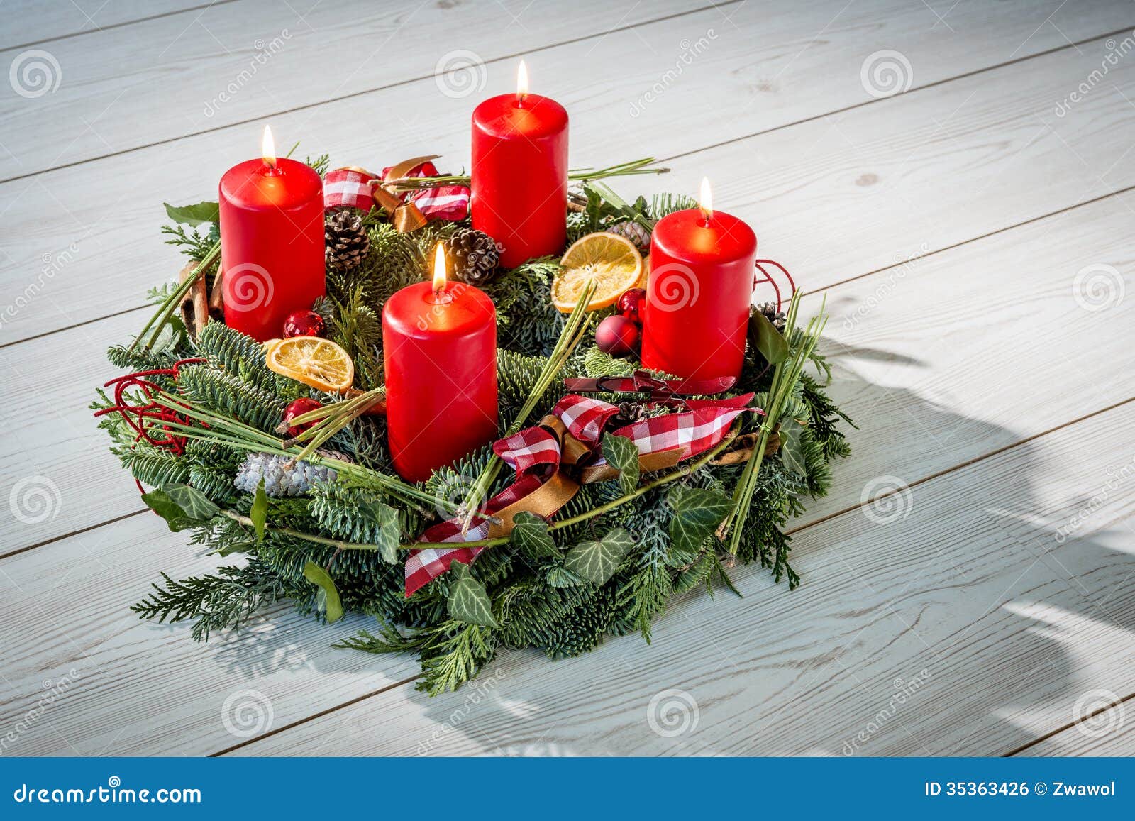 Advent Wreath with Burning Red Candles Stock Photo - Image of pine ...
