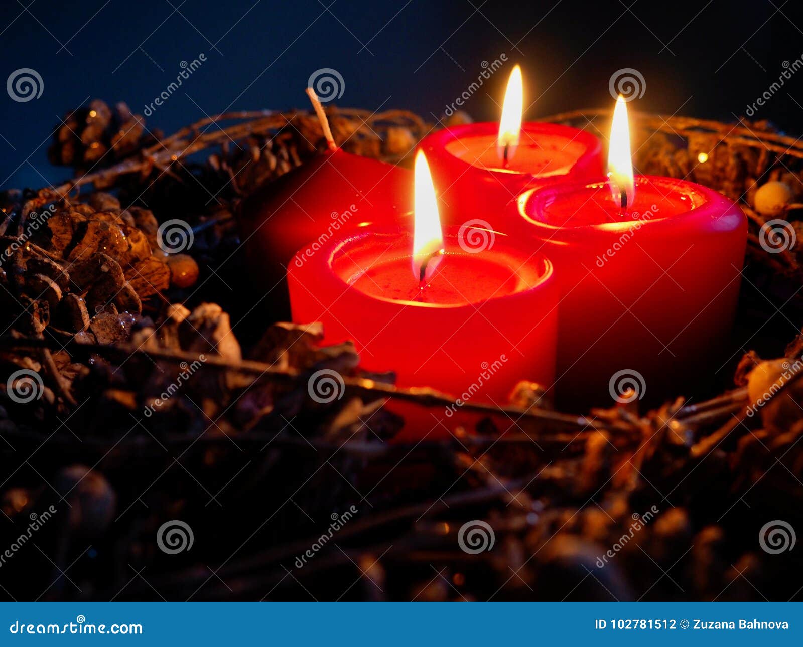 Advent Wreath Three Lit Candles Stock Photo - Image of third, tree ...