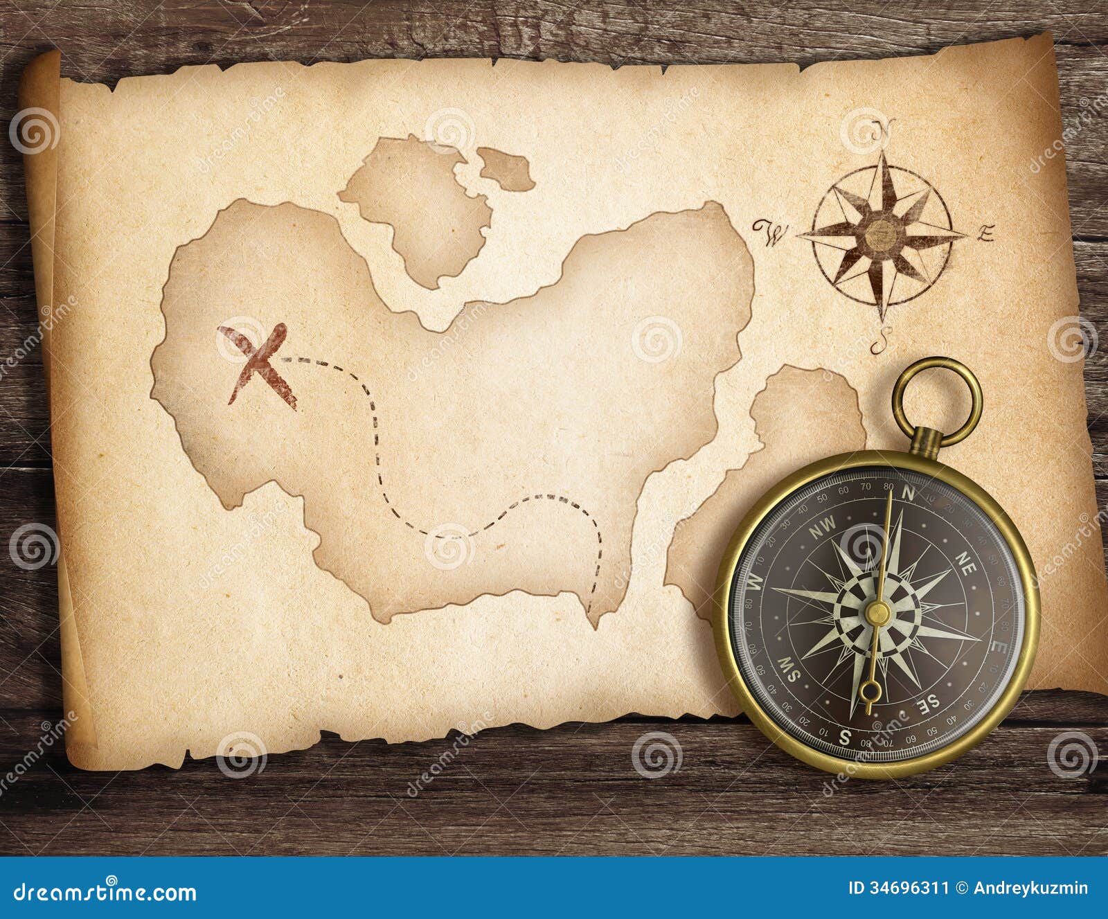 Adventure Concept. Old Compass On Table With Treasure Map Royalty-Free ...