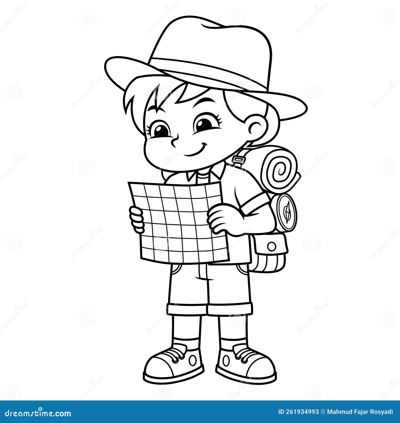 Adventure Girl Looking on Her Guide Map BW Stock Illustration ...