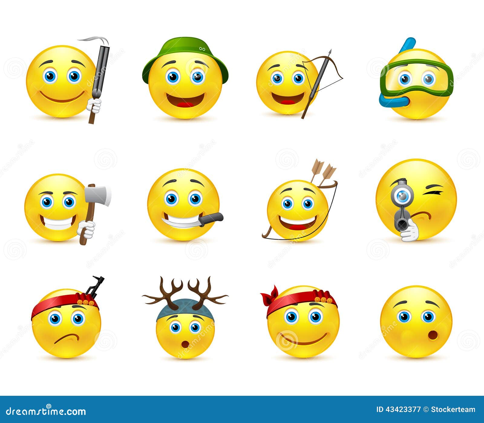Adventure and Hunting Smiley Icon Set Stock Illustration - Illustration ...