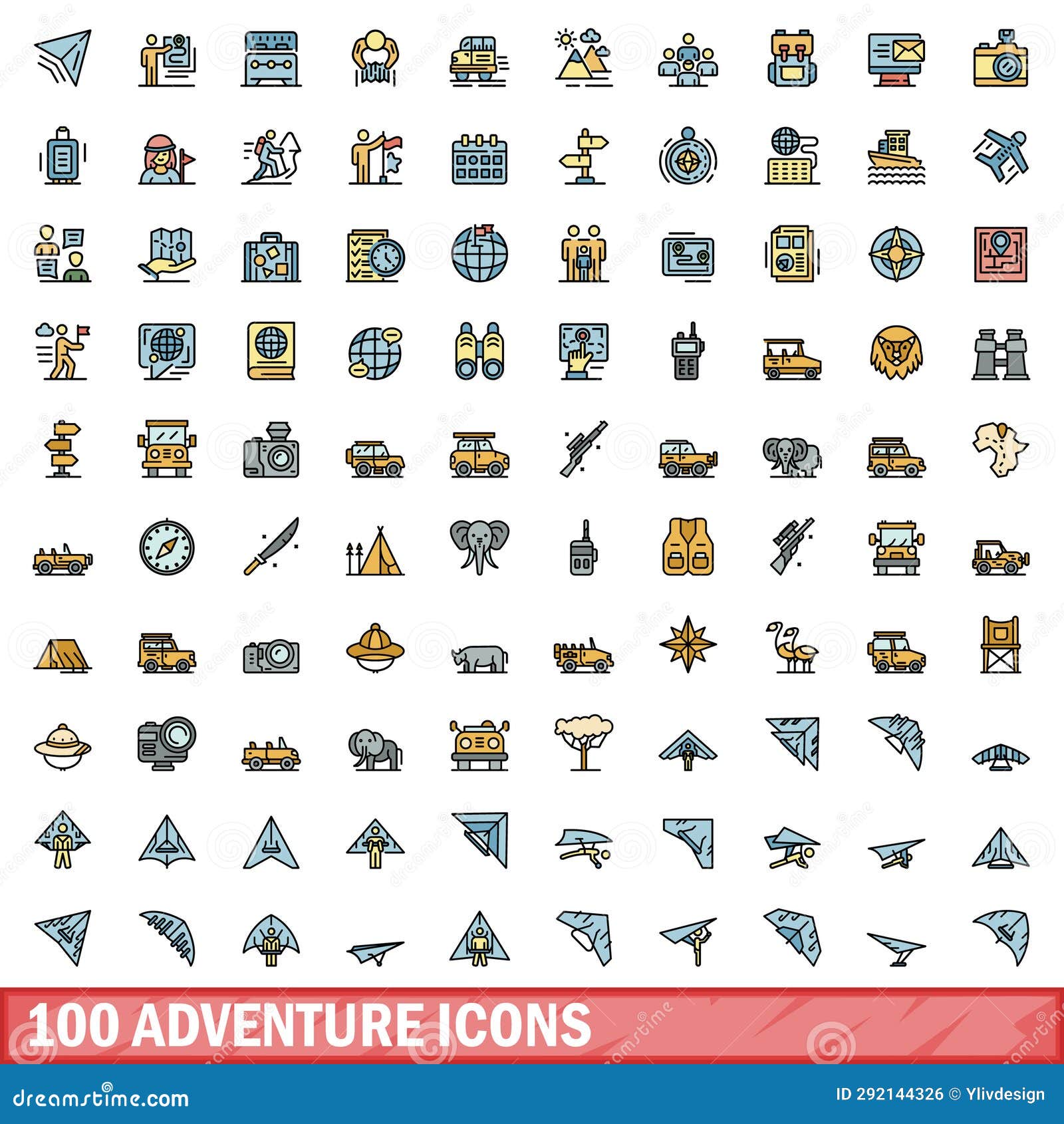 100 Adventure Icons Set, Color Line Style Stock Illustration ...