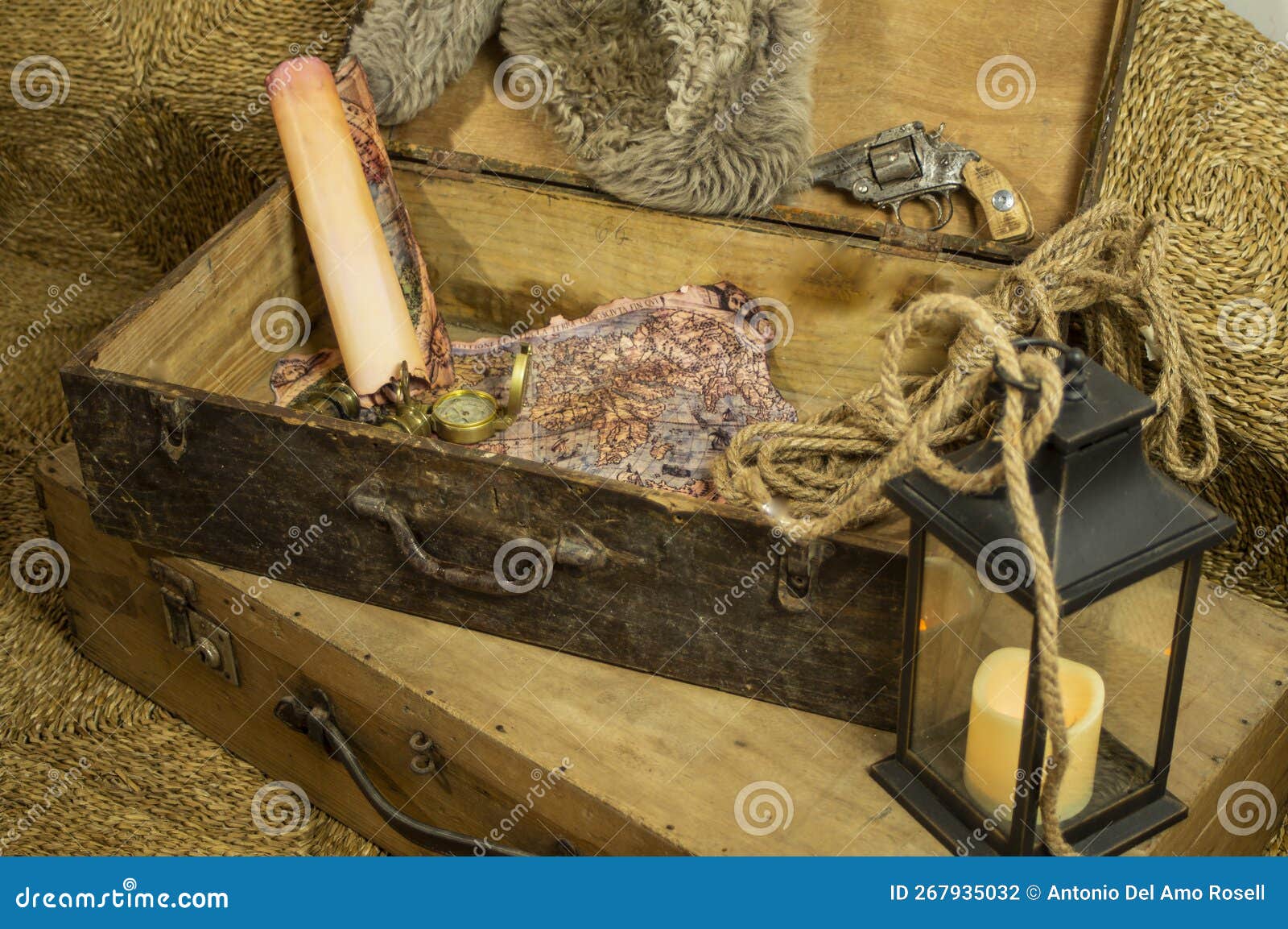 Skull and Adventure Objects for Exploration Stock Photo - Image of wood ...
