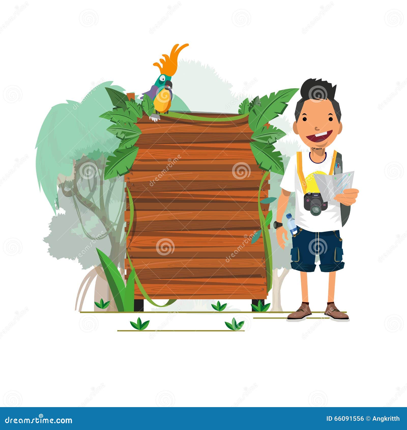 Adventure Man with Presenting Jungle Wood Board - Stock Illustration ...