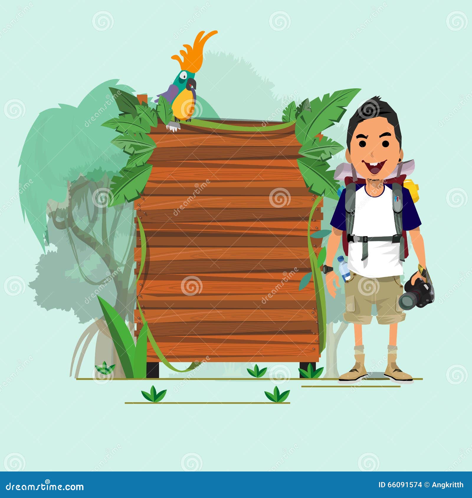 Adventure Man with Presenting Jungle Wood Board - Stock Illustration ...