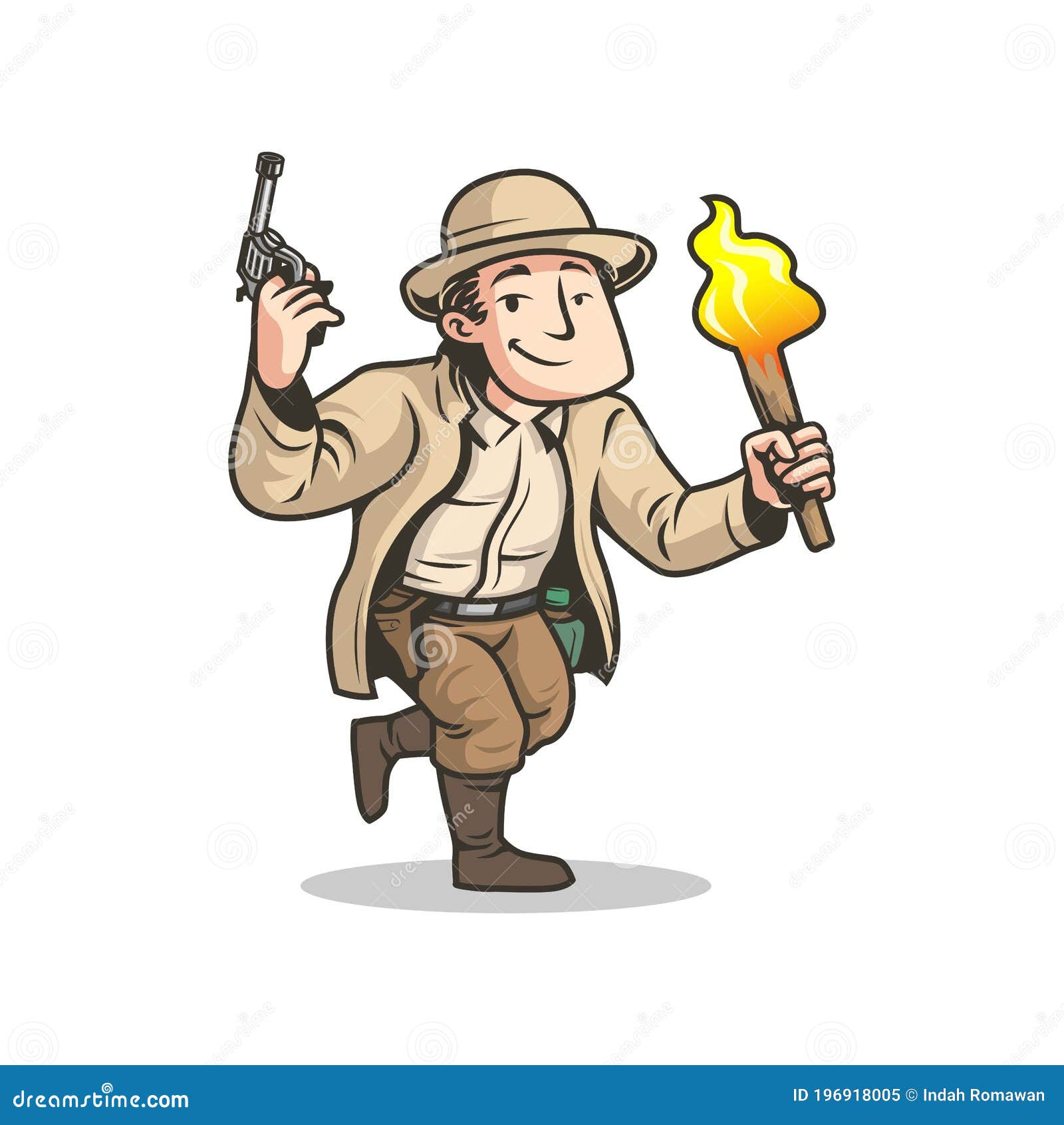 Adventure Man Running with Gun and Torch . Cartoon Vector Isolated ...