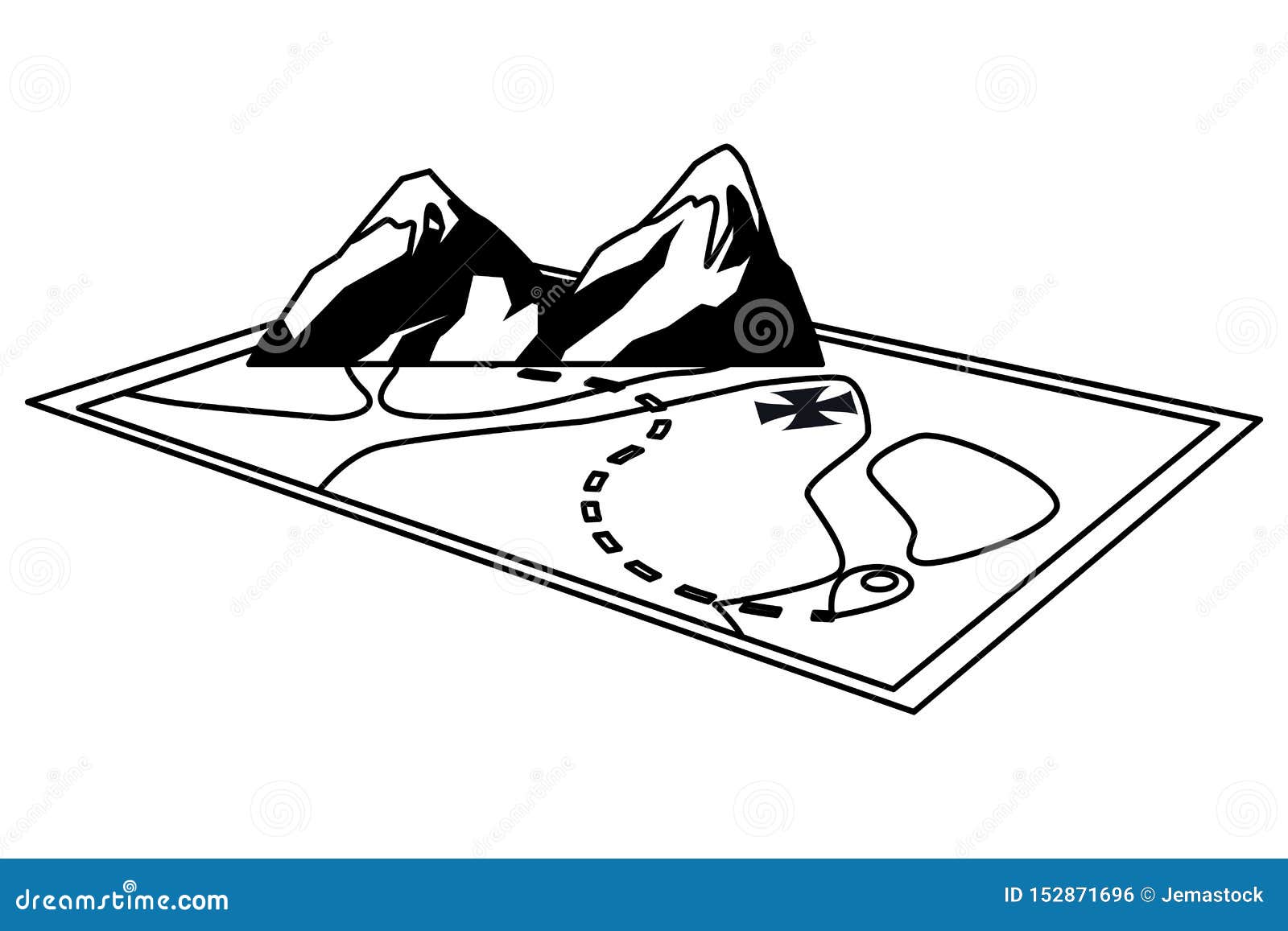 Adventure Map with Isometric Mountains in Black and White Stock Vector ...