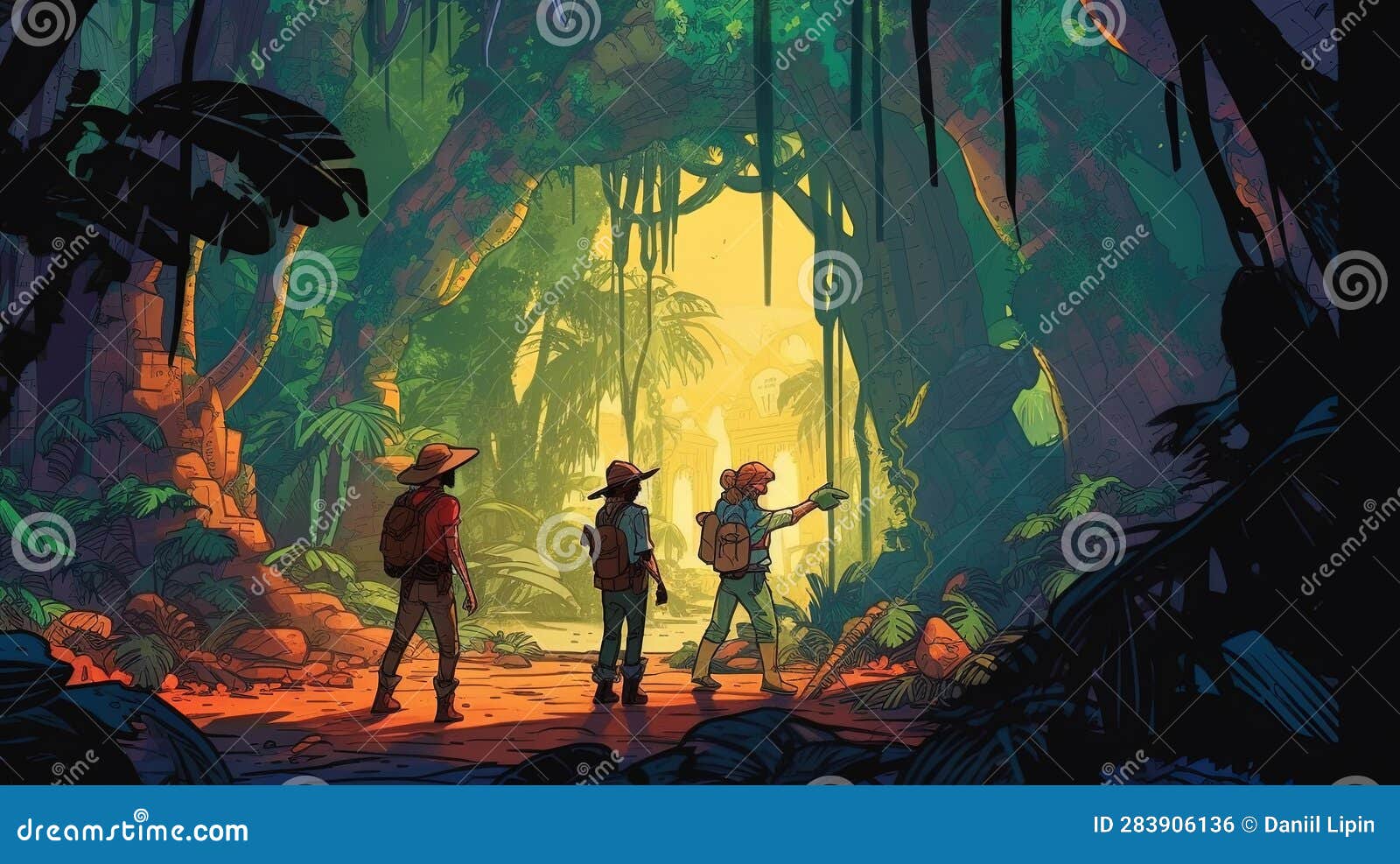 An Adventure Scene of a Group of Explorers Discovering a Lost Temple in ...