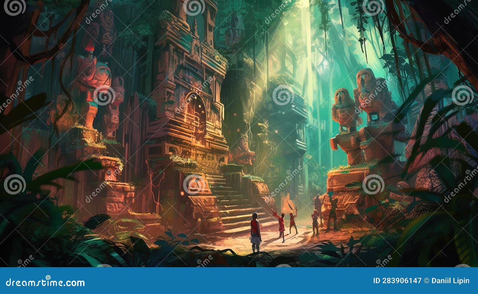 An Adventure Scene of a Group of Explorers Discovering a Lost Temple in ...