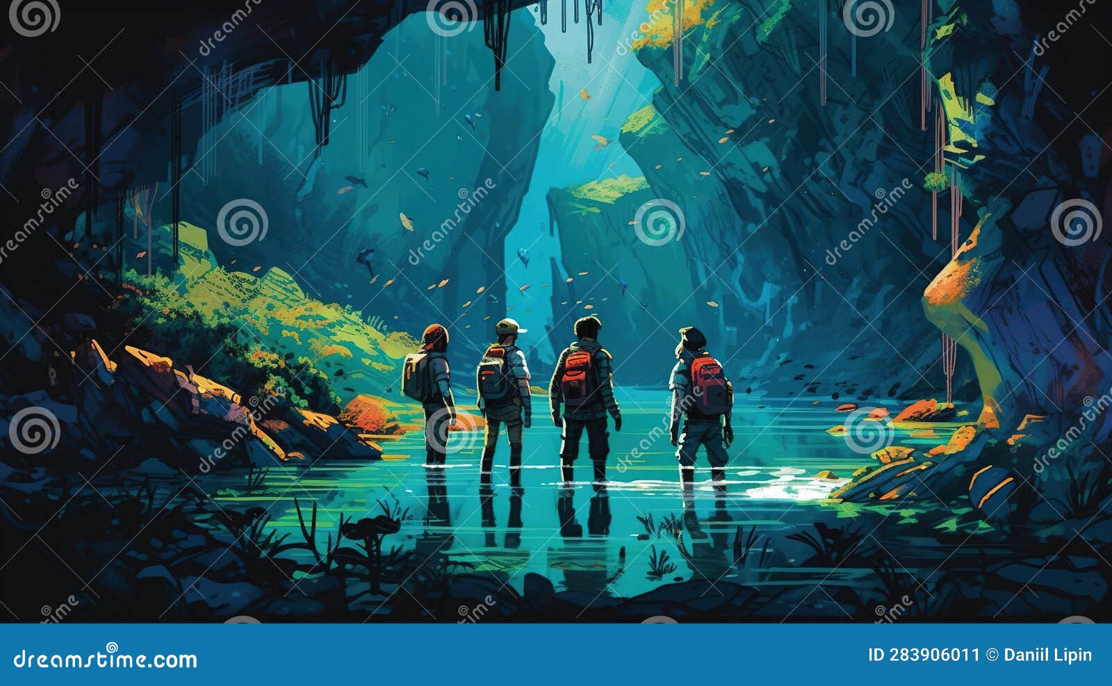 An Adventure Scene of a Group of Explorers Discovering an Underground ...