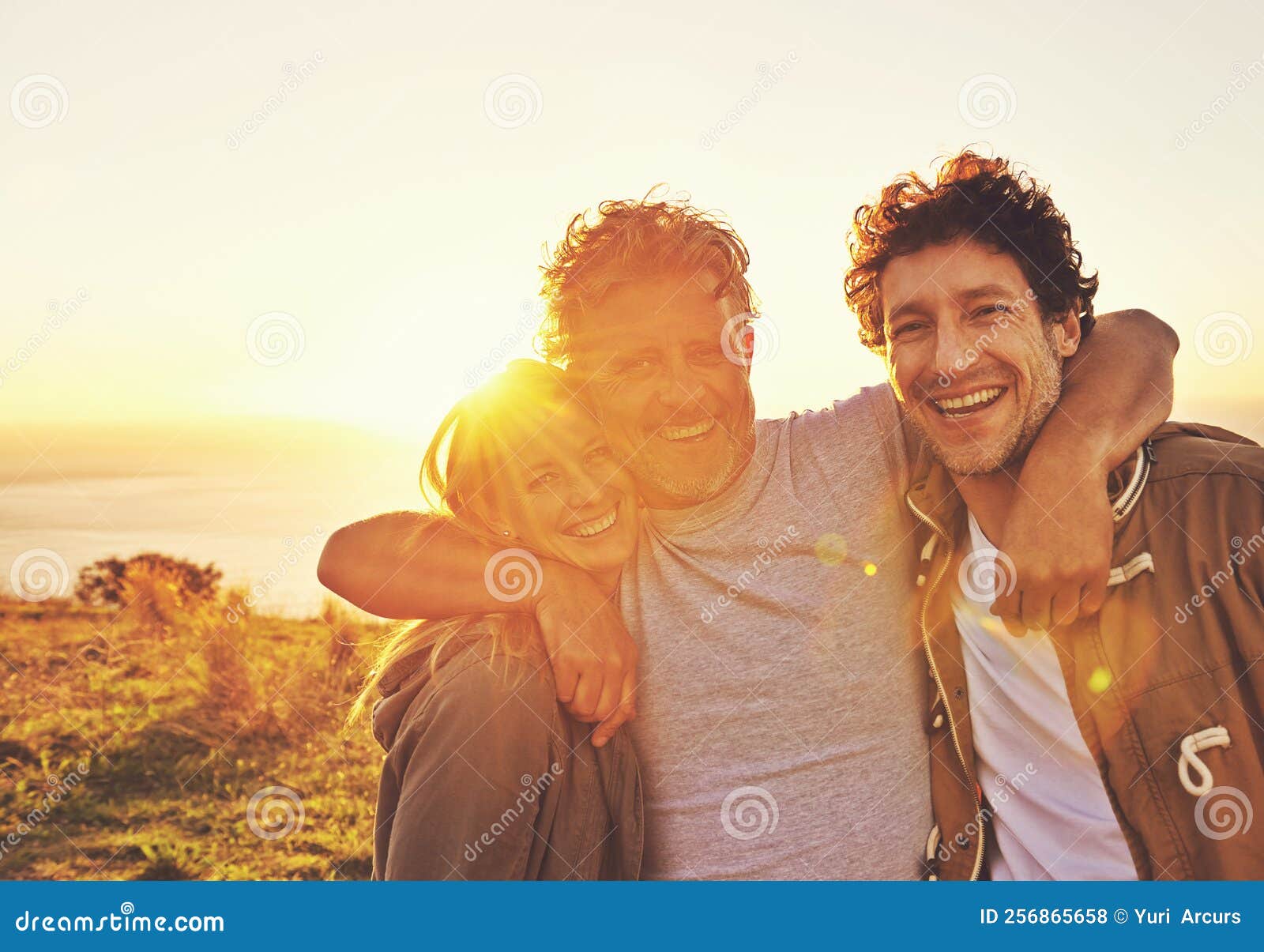 Adventure is Worthwhile. Portrait of Three Friends Standing on a Hill ...