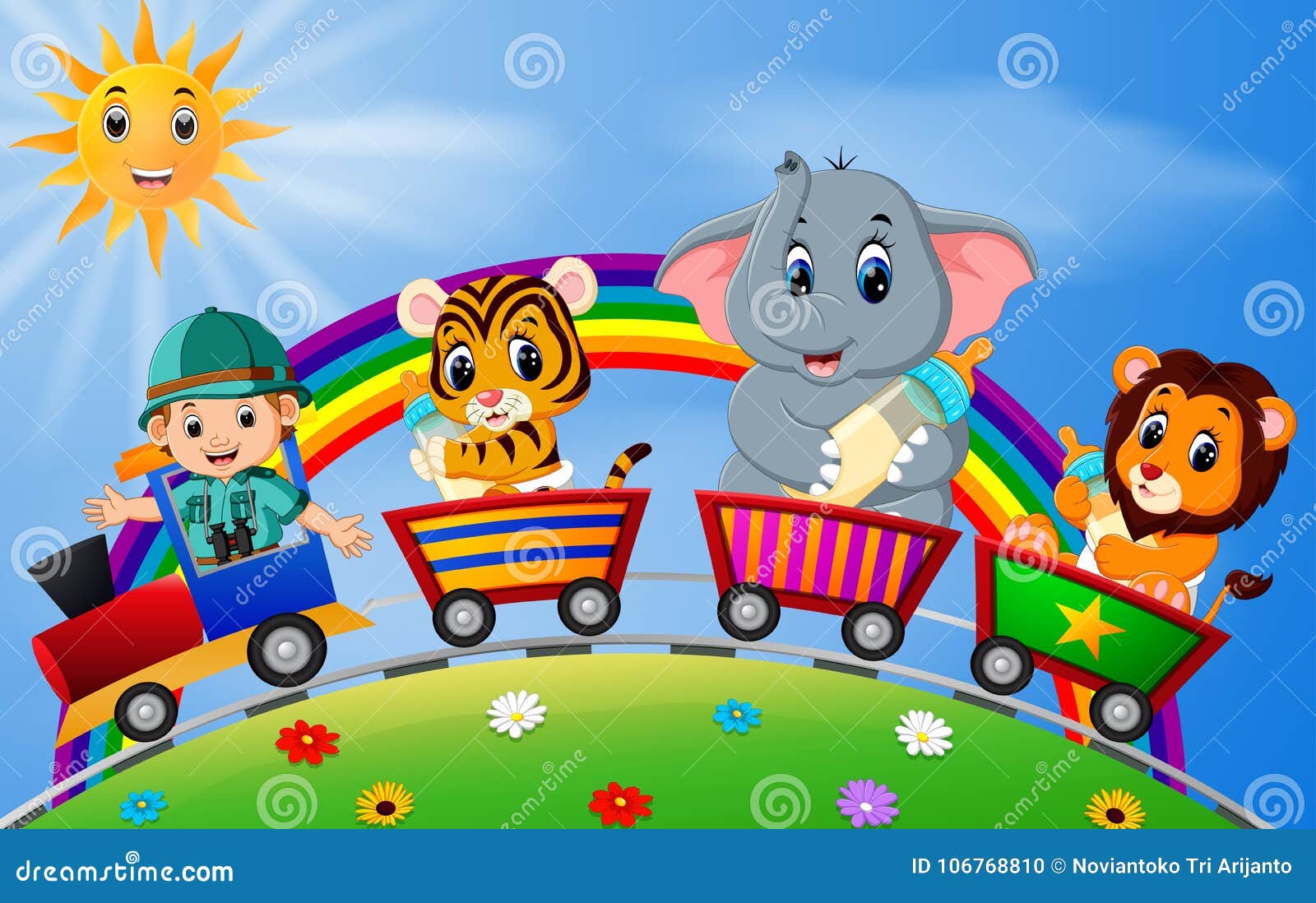 Adventurer And Animals On The Train With Rainbow Vector Illustration ...