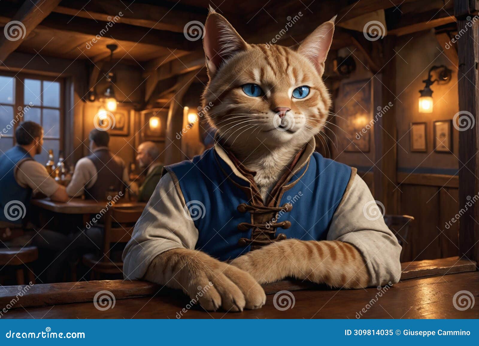 An Adventurer Anthropomorphic Cat in a Tavern Stock Illustration ...