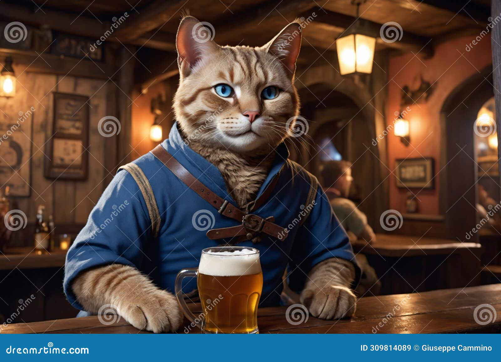 An Adventurer Anthropomorphic Cat in a Tavern Stock Illustration ...