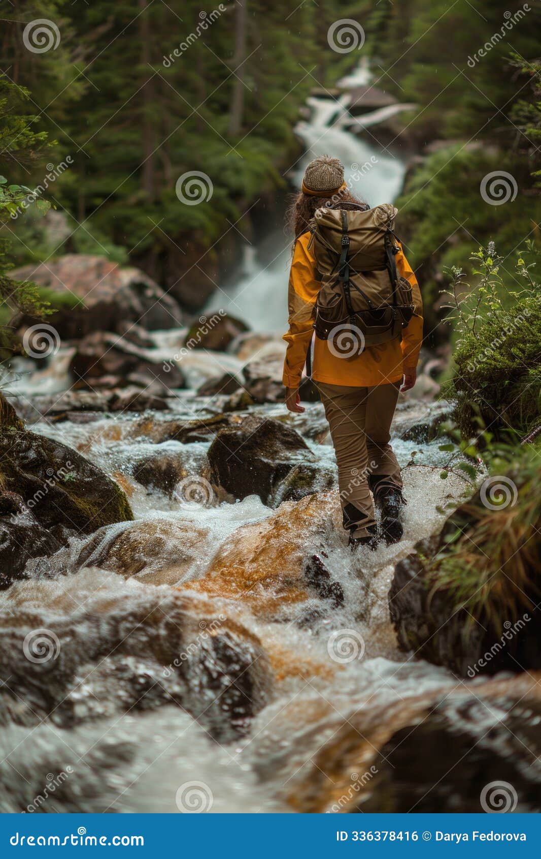 Adventurer Hiking through Forest Stream To Waterfall Stock Photo ...