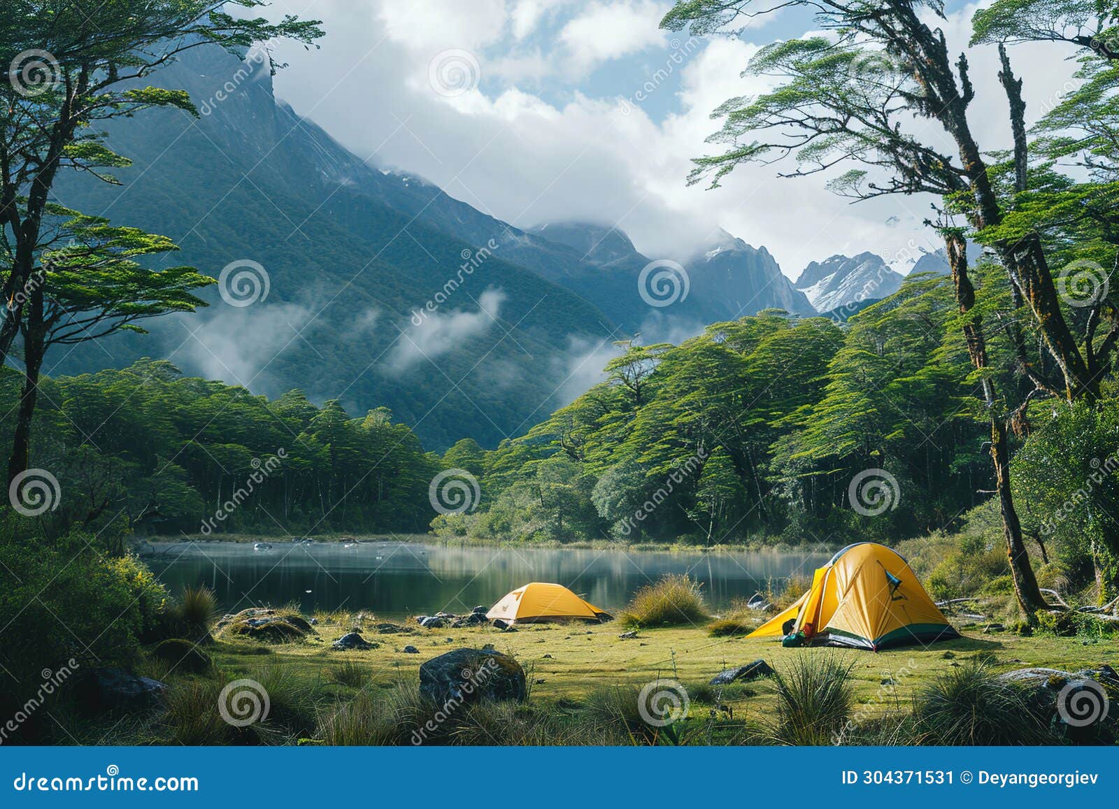 Adventurers Camping In Scenic Wilderness Locations In Mountain. Stock ...