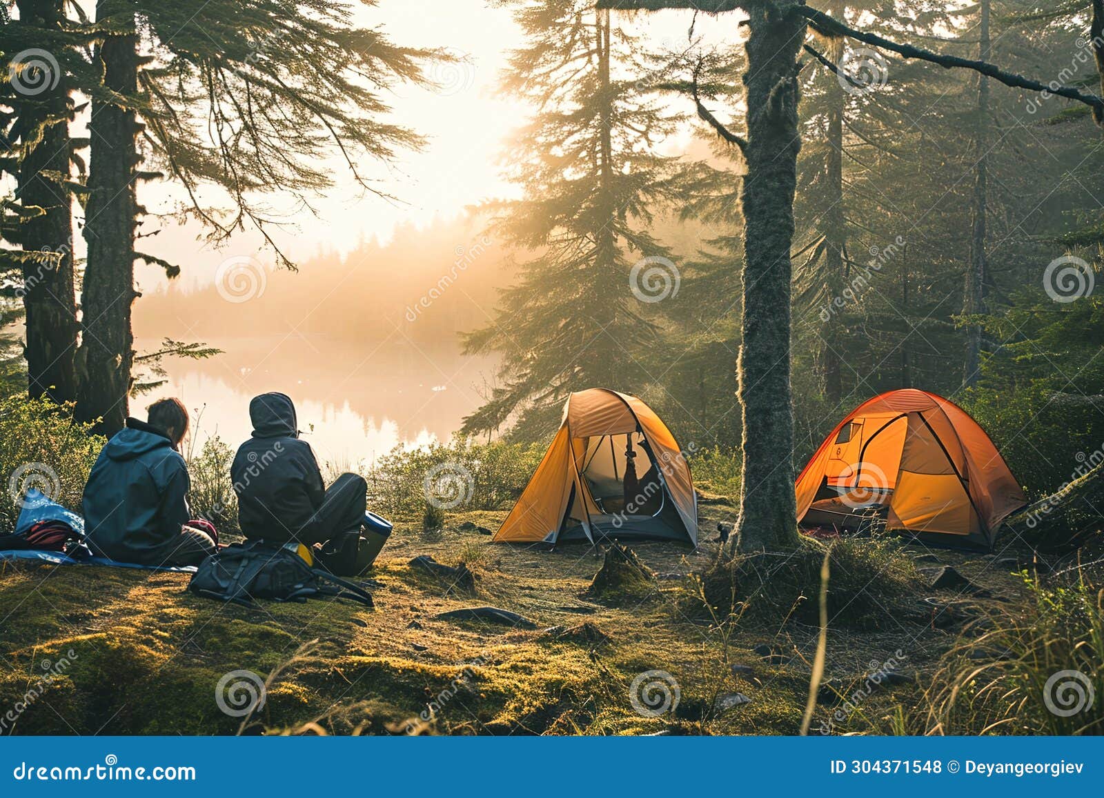 Adventurers Camping In Scenic Wilderness Locations In Mountain. Stock ...