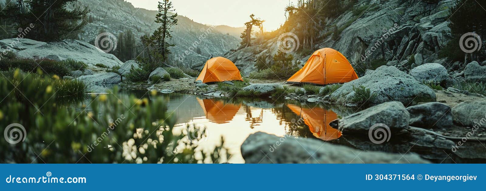 Adventurers Camping In Scenic Wilderness Locations In Mountain. Stock ...