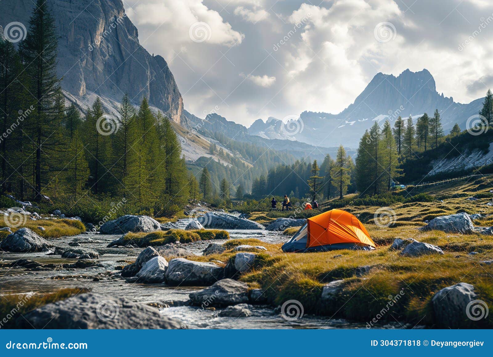 Adventurers Camping In Scenic Wilderness Locations In Mountain. Stock ...