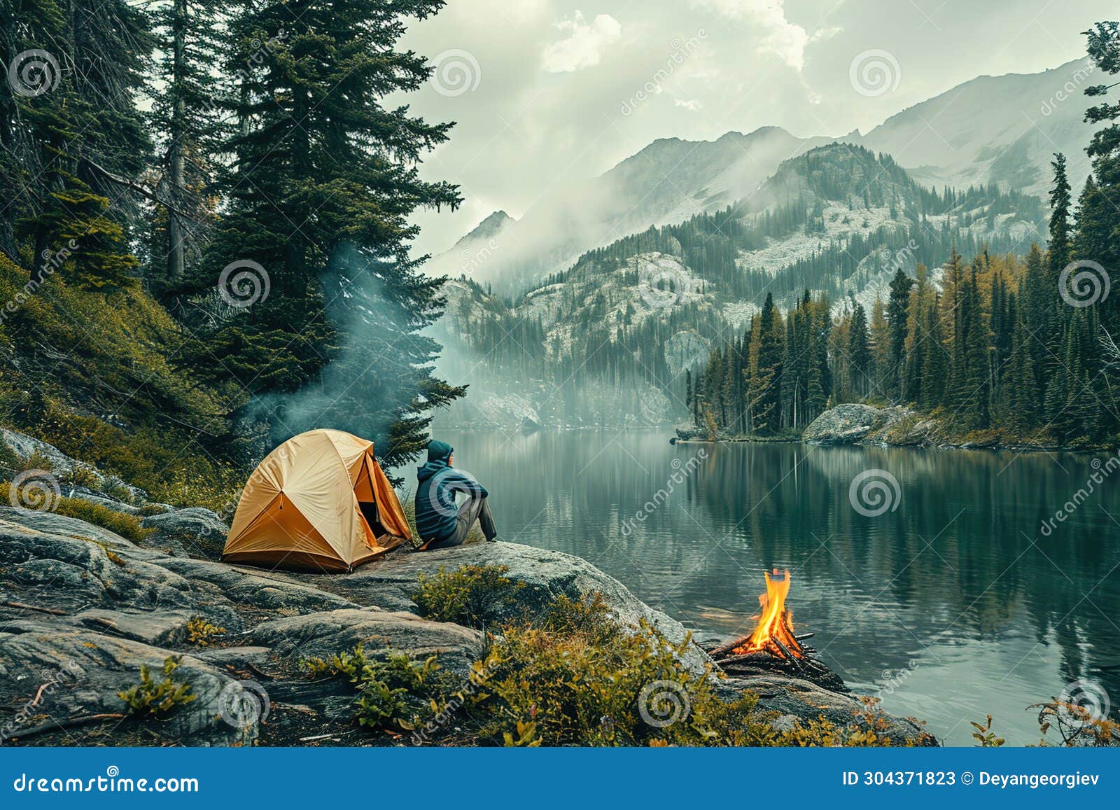 Adventurers Camping in Scenic Wilderness Locations in Mountain. Stock ...