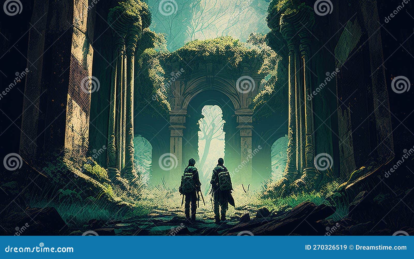 Adventurers Explore Ancient City Ruins in Forest Illustration Stock ...