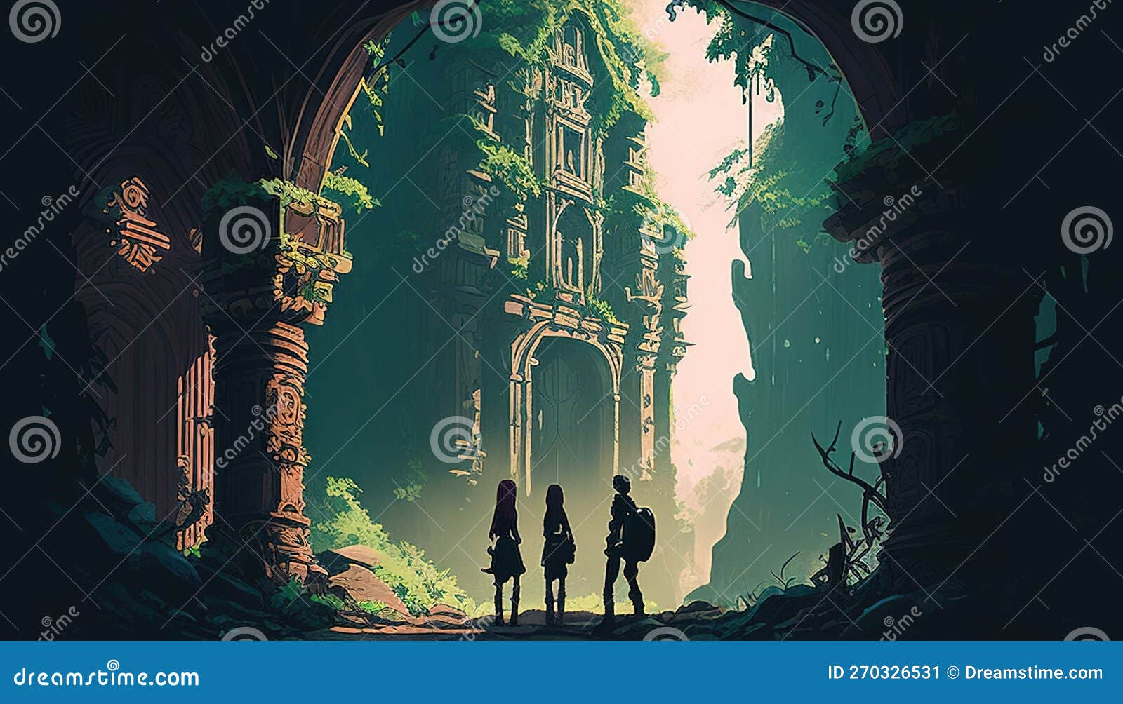 Adventurers Explore Ancient City Ruins in Forest Illustration Stock ...